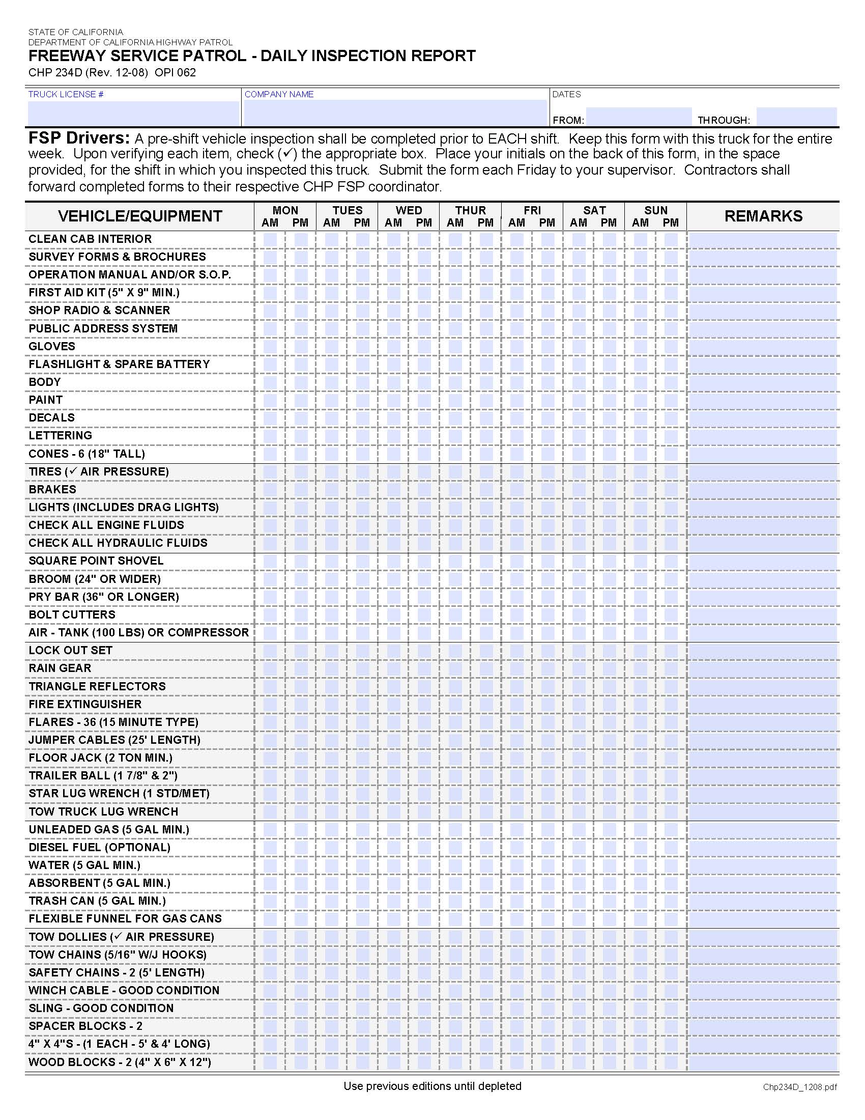 Inspection Form | The Bay Area Freeway Service Patrol